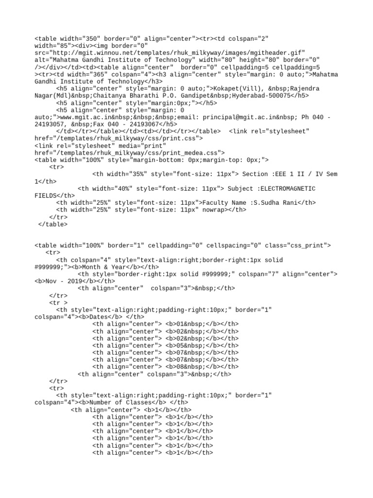 Attendance Register EEE 1 II IV Sem 1 | PDF