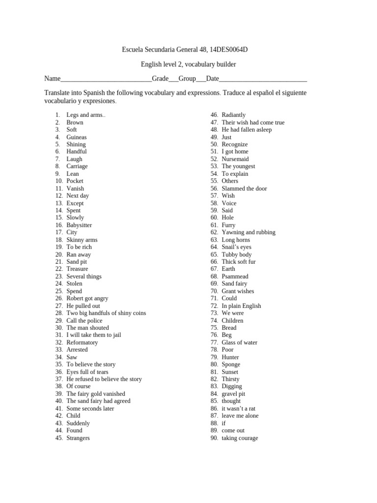 Actividad e Ingles 2 Lectura y Vocabulario Unidad 1B | PDF | Five ...
