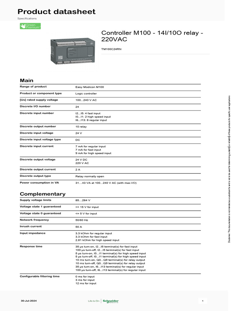 Schneider Electric - Modicon-Easy-M100 - TM100C24RN | PDF | Relay ...