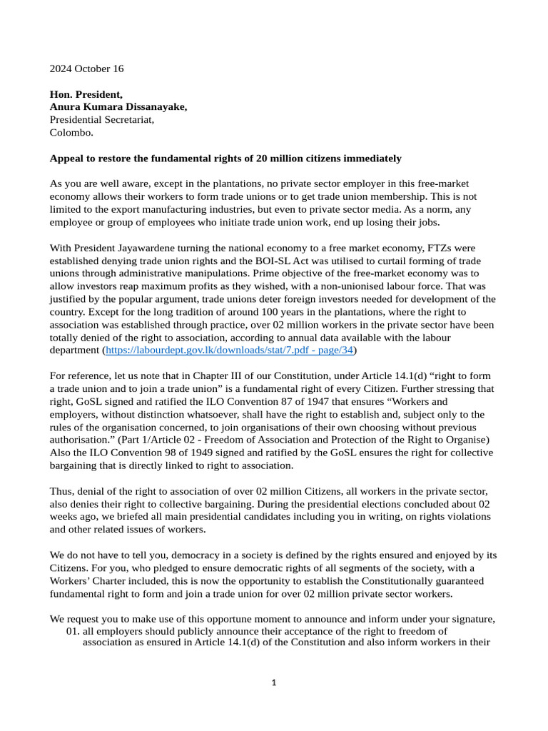 Pres - AKD Rights Letter - English | PDF | Employment | Trade Union