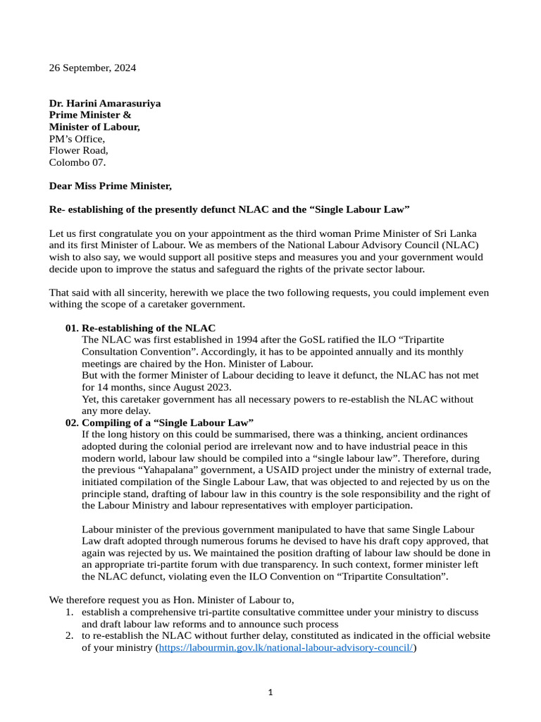 Letter PM Harini English | PDF | Labour Law | International Labour ...