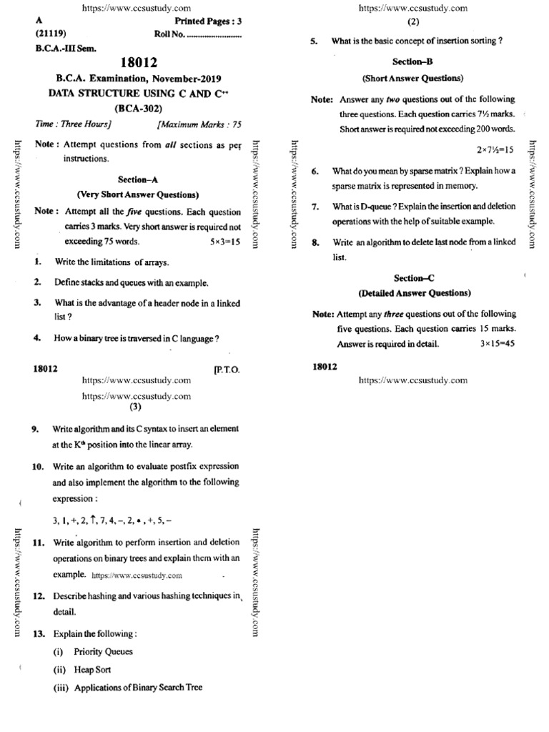 Bca 3 Sem Data Structure Using C and CPP 18012 Nov 2019 | PDF