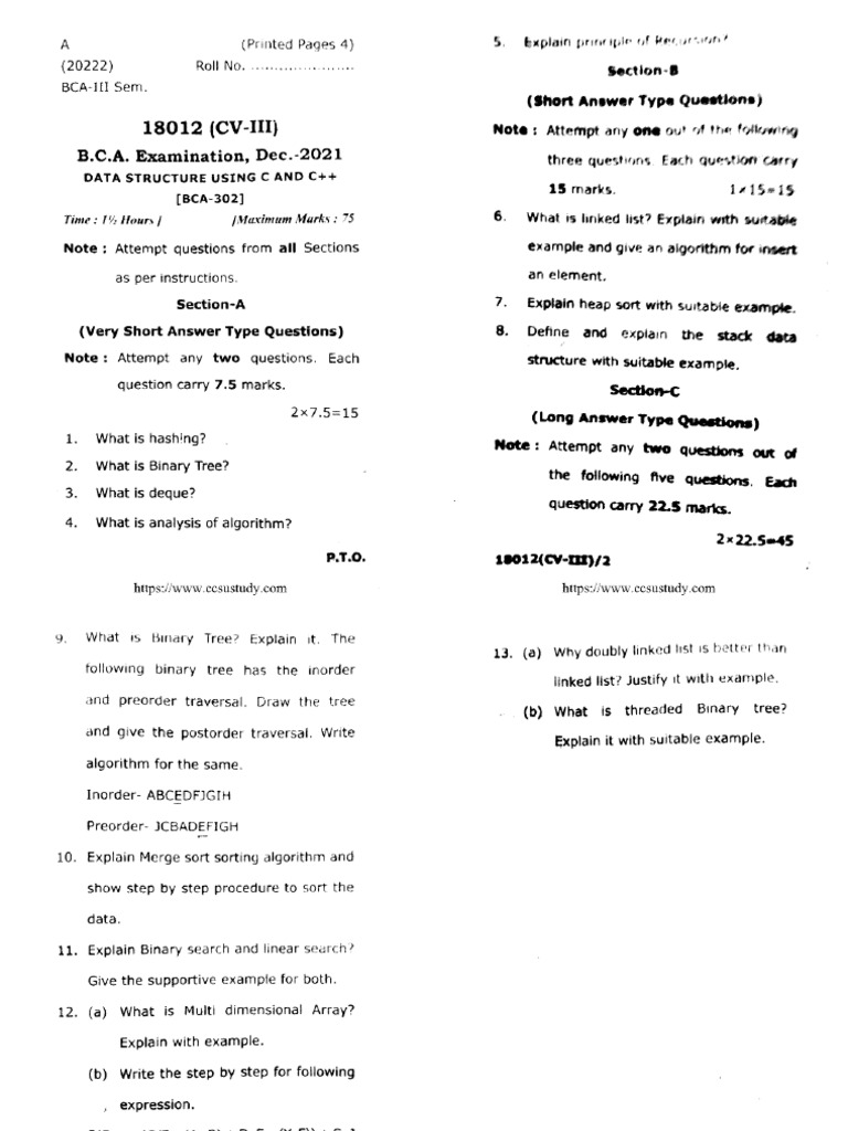 Bca 3 Sem Data Structure Using C and CPP 18012 Cv3 Dec 2021 | PDF