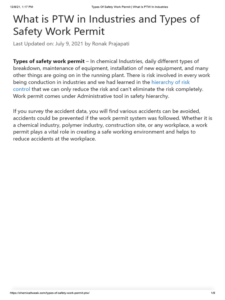 13.types of Safety Work Permit - What Is PTW in Industries | PDF ...