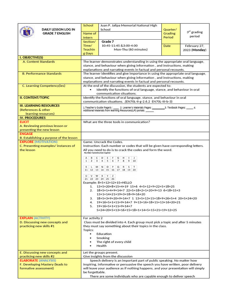 Sample Lesson Plan in 7es Grade 7 | PDF | Learning | Public Speaking