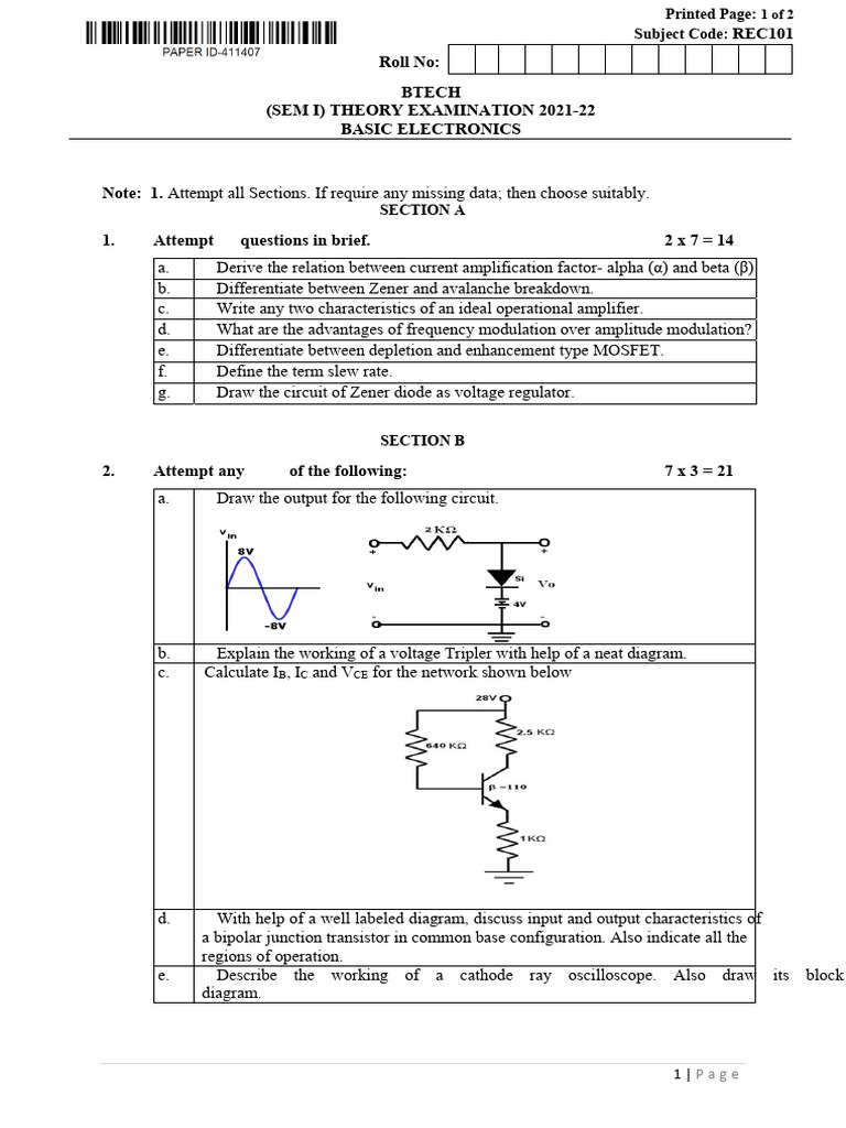 Btech-1-Sem-Basic-Electronics-Rec101-2022 11.59.44 PM | PDF | Amplifier | Rectifier