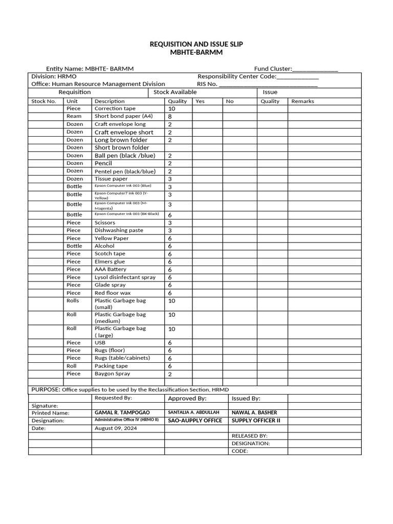 Requisition and Issue Slip 2024 | PDF | Printing | Office Equipment