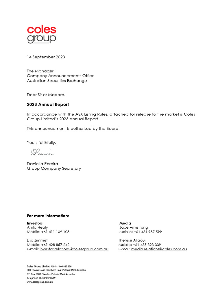 Coles Annual Report 2023 | PDF | Cost Of Living | Dividend