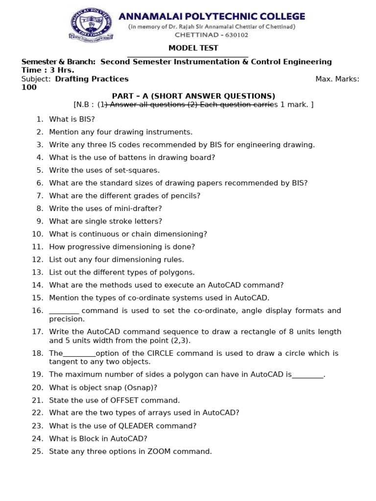 MODEL TEST For Drafting Practices | PDF | Computer Aided Design