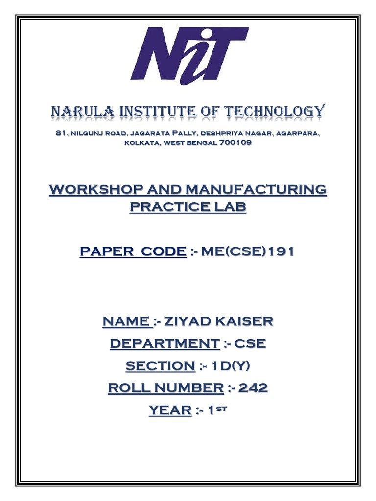 Narula Institute of Technology Cover Page Me Department | PDF