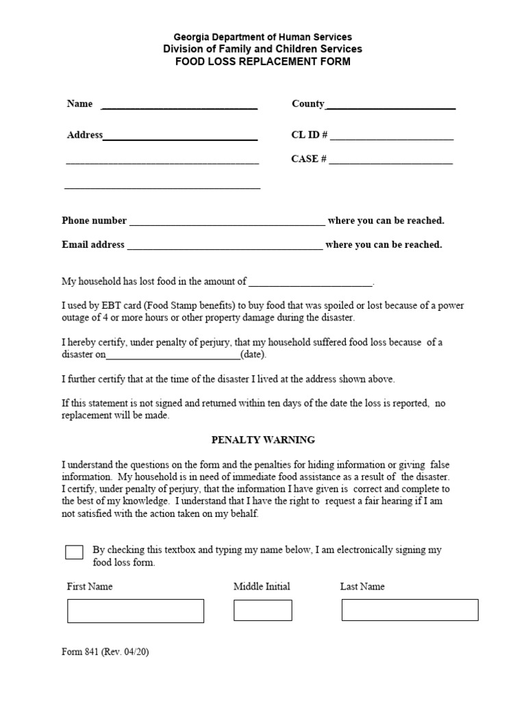 Georgia Food Loss Replacement Form 841 | PDF