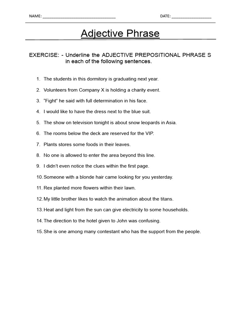 Adjective Phrase Exercise Worksheet | PDF | Games & Activities