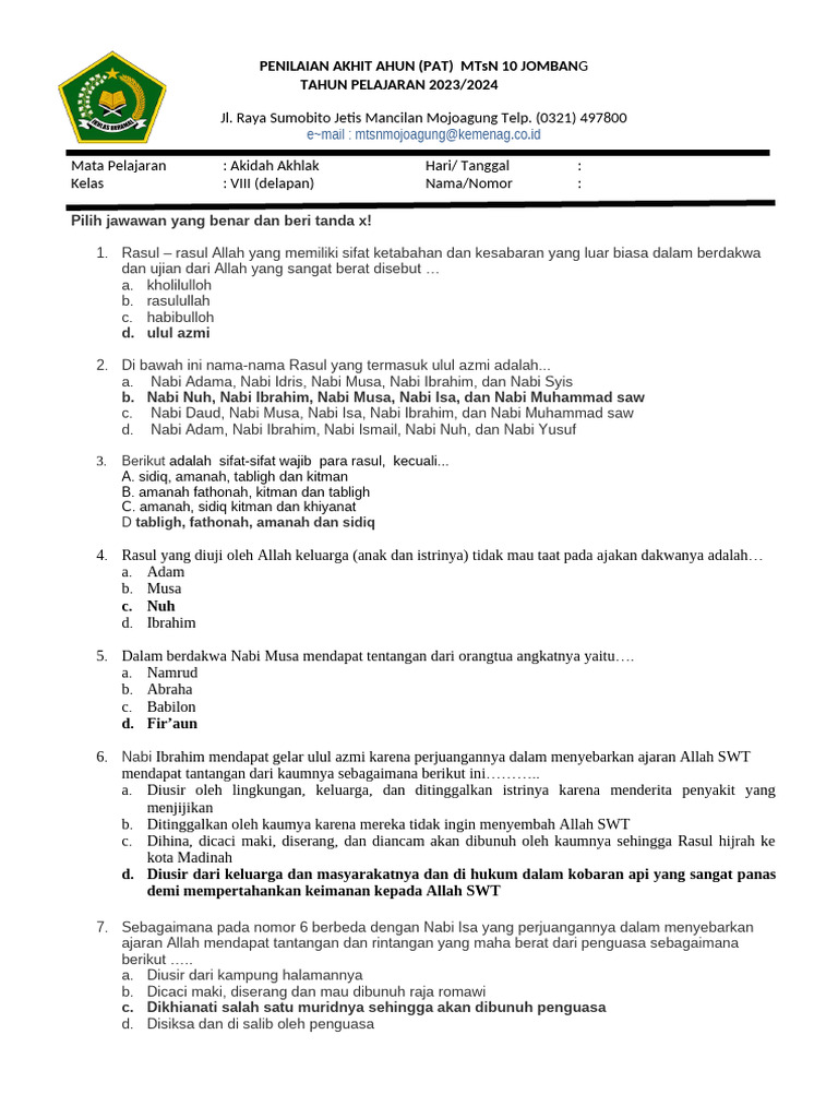 Kisi-Kisi Dan Soal Pat Akidah Akhlak Kelas 8 2024 | PDF
