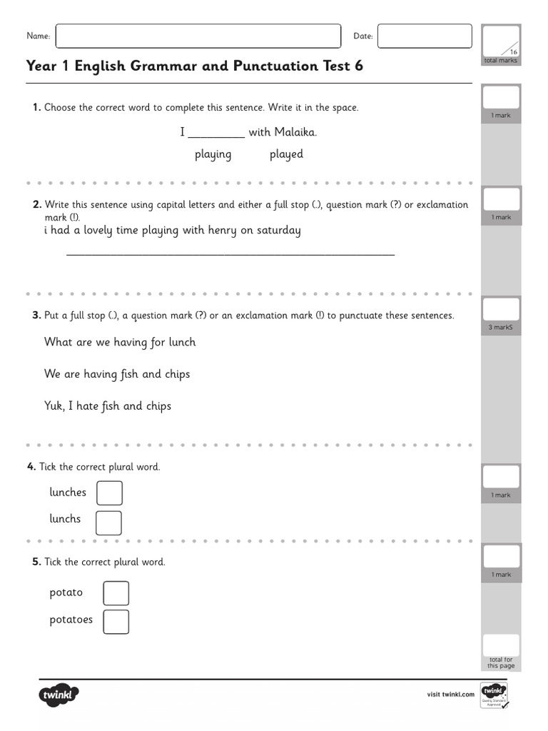 T PA 921 Year 1 English Grammar and Punctuation Test 6 | PDF | Word ...