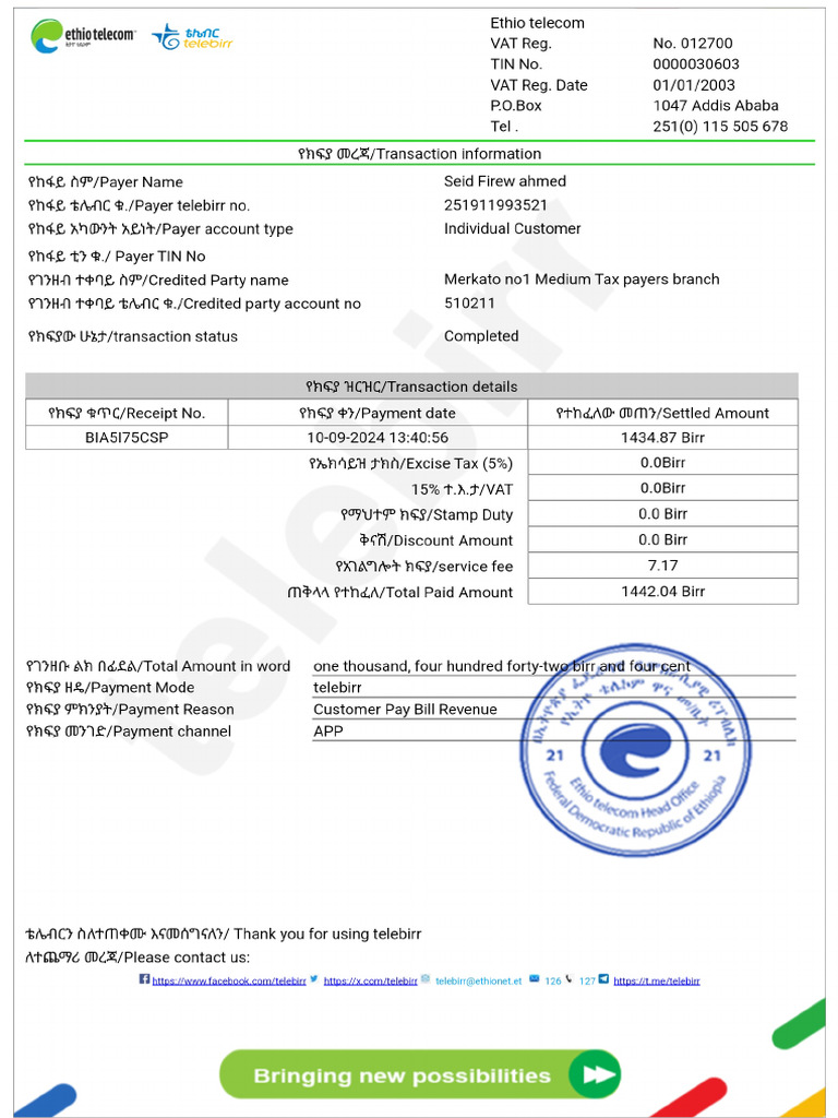 Telebirr - Customer Pay Bill Revenue | PDF