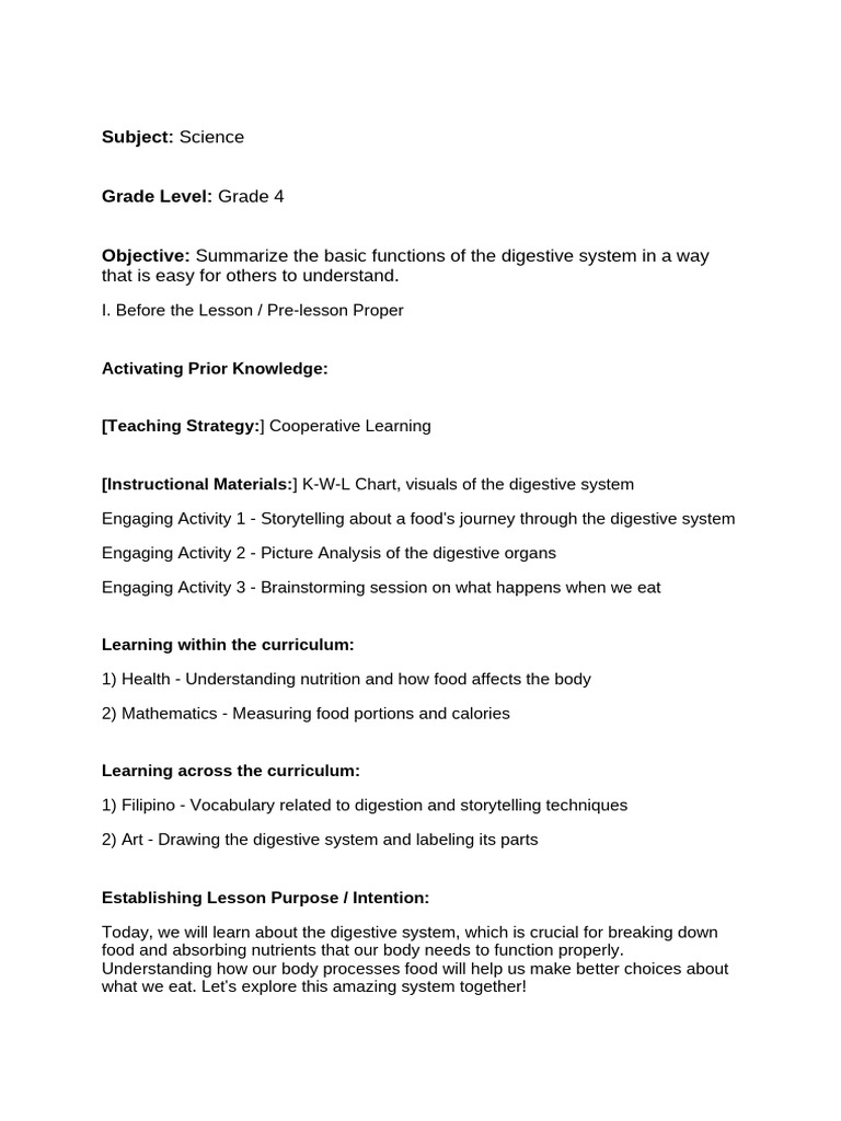 Lesson Plan | PDF | Digestion | Gastrointestinal Tract