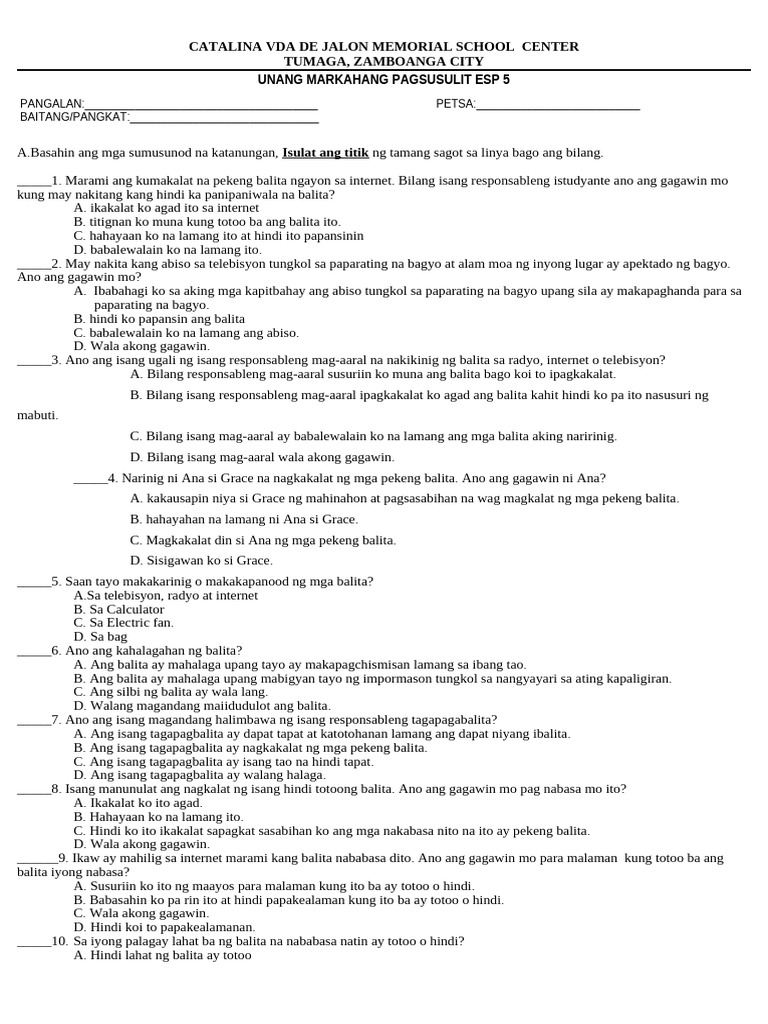 1st Quarterly Exam ESP | PDF