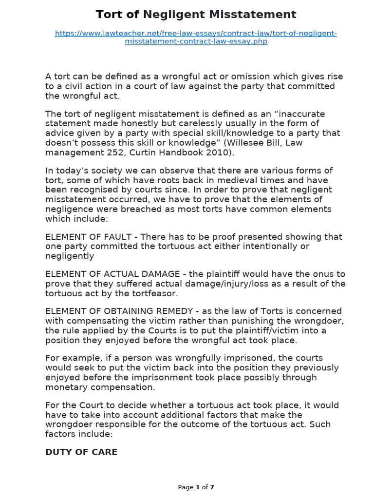 Tort of Negligent Misstatement | PDF | Negligence | Tort