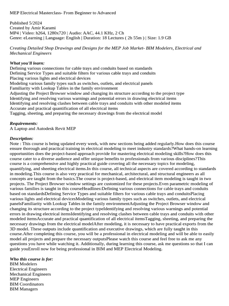 MEP Electrical Masterclass Overview | PDF | Autodesk Revit | Building ...
