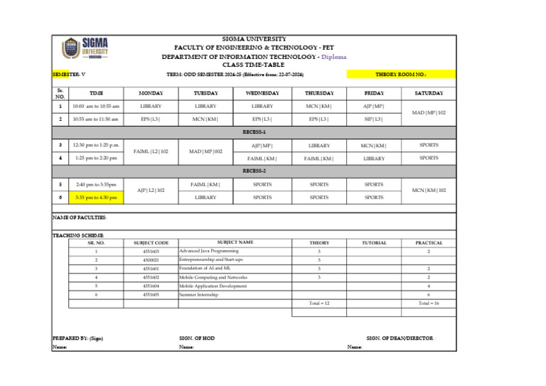 5th Sem Diploma Time Table | PDF
