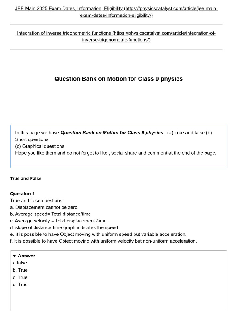 Class 9 Physics Motion Question Bank | PDF | Speed | Velocity