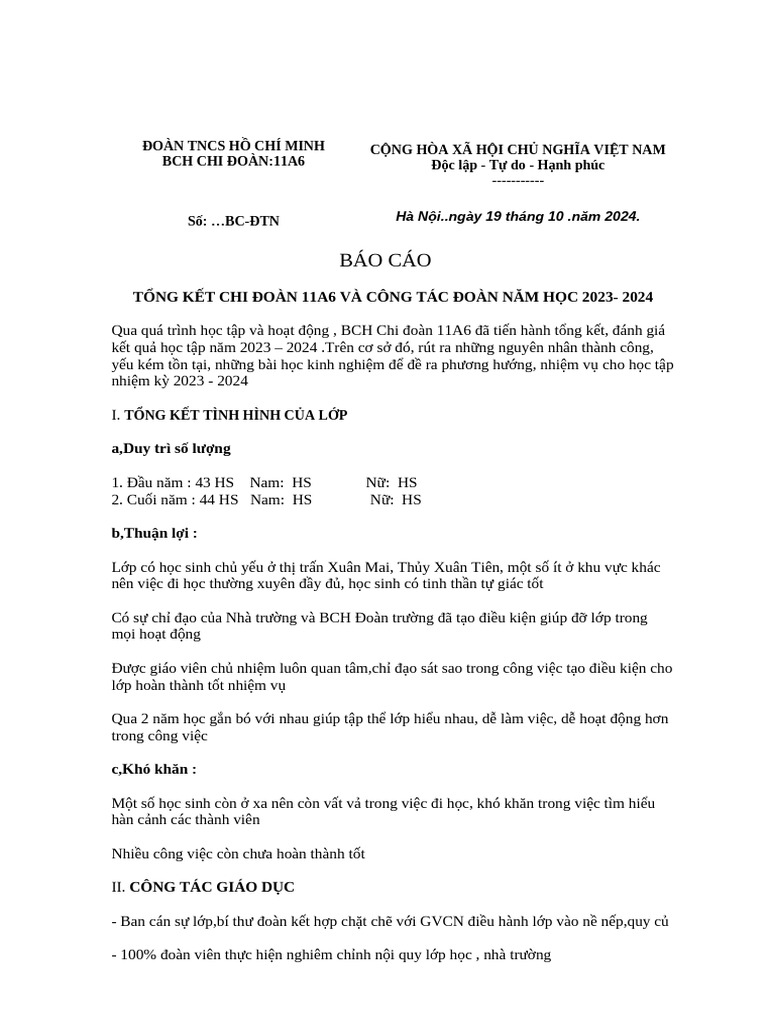 Mau Bao Cao Tong Ket Cong Tac 11a6 | PDF