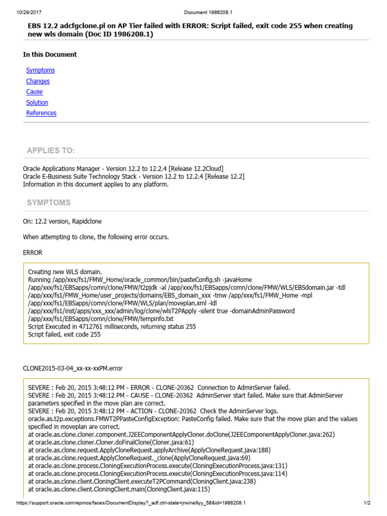 EBS 12.2 Adcfgclone - PL On AP Tier Failed With ERROR Script Failed Exit Code 255 When Creating ...