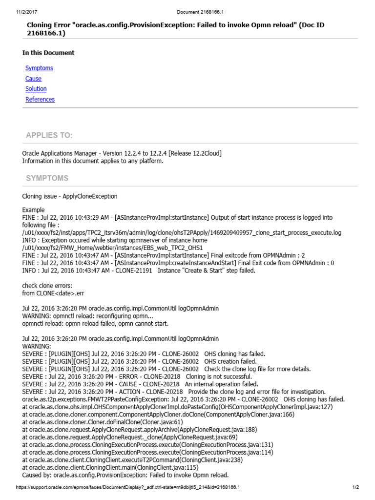 Cloning Error Oracle - As.config - ProvisionException Failed To Invoke Opmn Reload - 2168166 ...