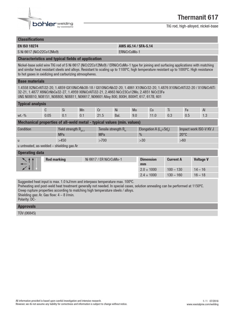 High Nickel Thermanit 617 TIG Rod | PDF | Heat Treating | Gases