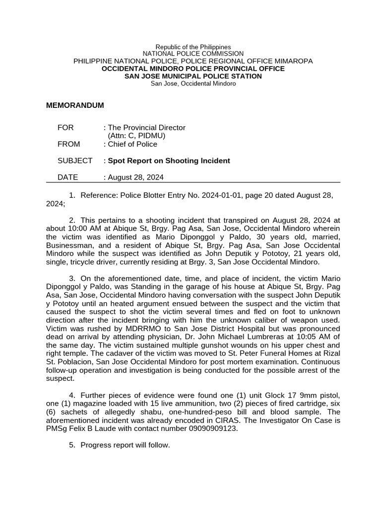 01-Spot-Report-Shooting-Incident | PDF | Crimes | Crime & Violence