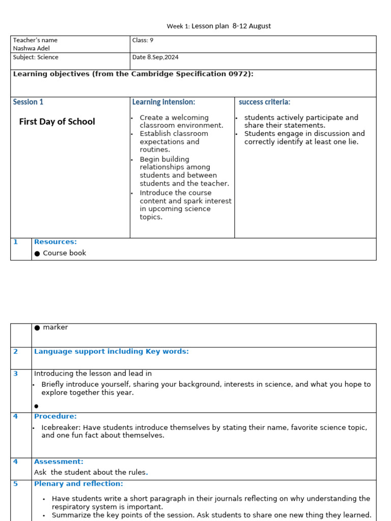 First Day of School: Session 1 Learning Intension: Success Criteria | PDF | Clock | Measurement