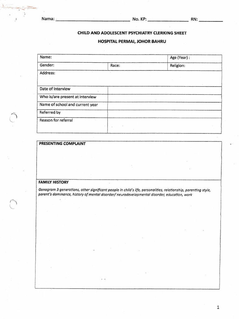 Child Psychiatry Clerking Sheet | PDF | Psychiatry | Diseases And Disorders