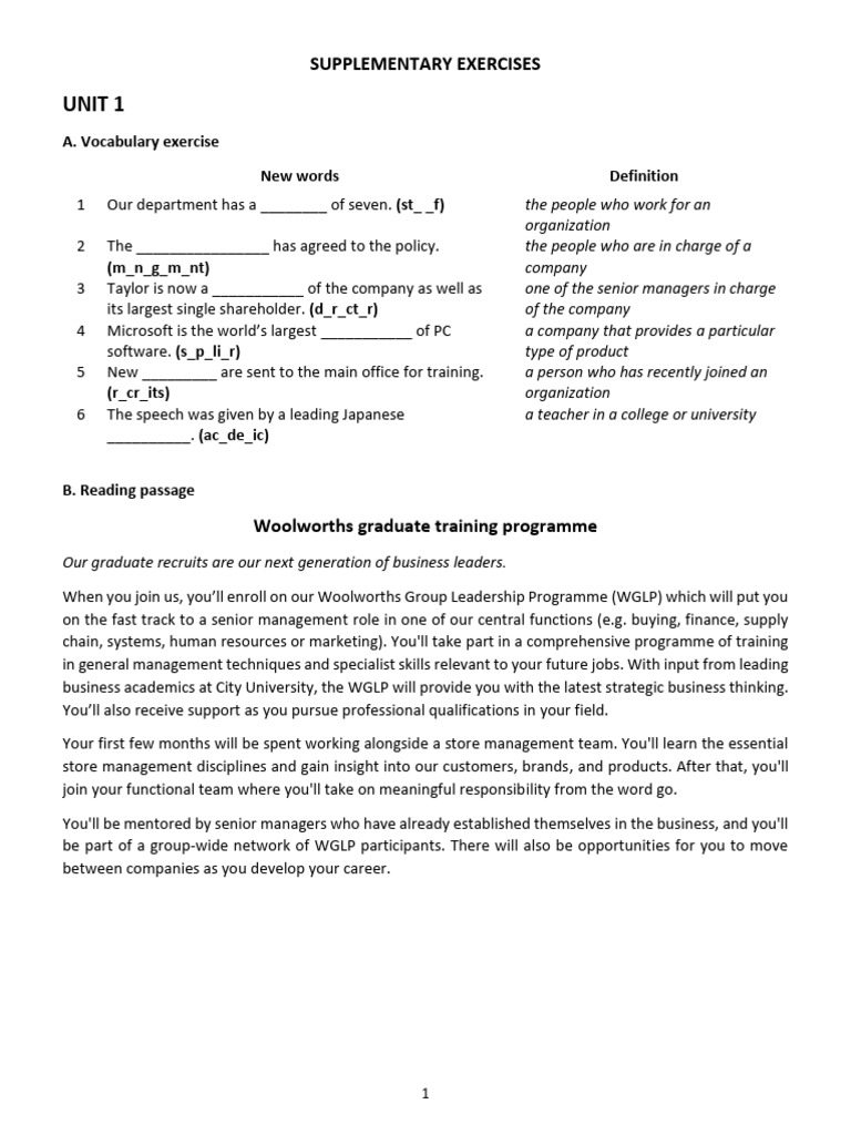 READING 1 - SUPPLEMENTARY EXERCISES | PDF