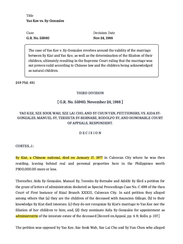 NCC Art 10-11 Yao Kee vs. Sy-Gonzales | PDF | Bride | Marriage