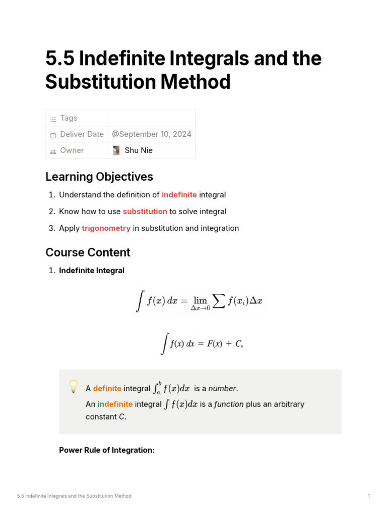 5.5 Indefinite Integrals and The Substitution Method | PDF | Integral ...