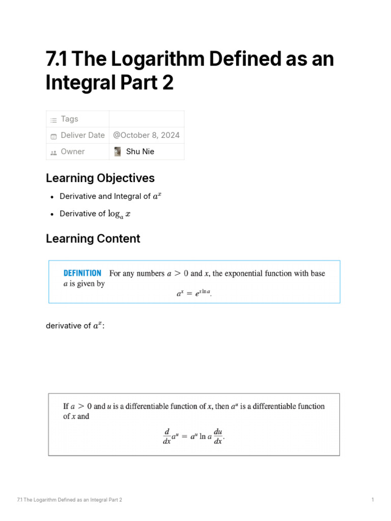 7 1 The Logarithm Defined As An Integral Part 2 Pdf