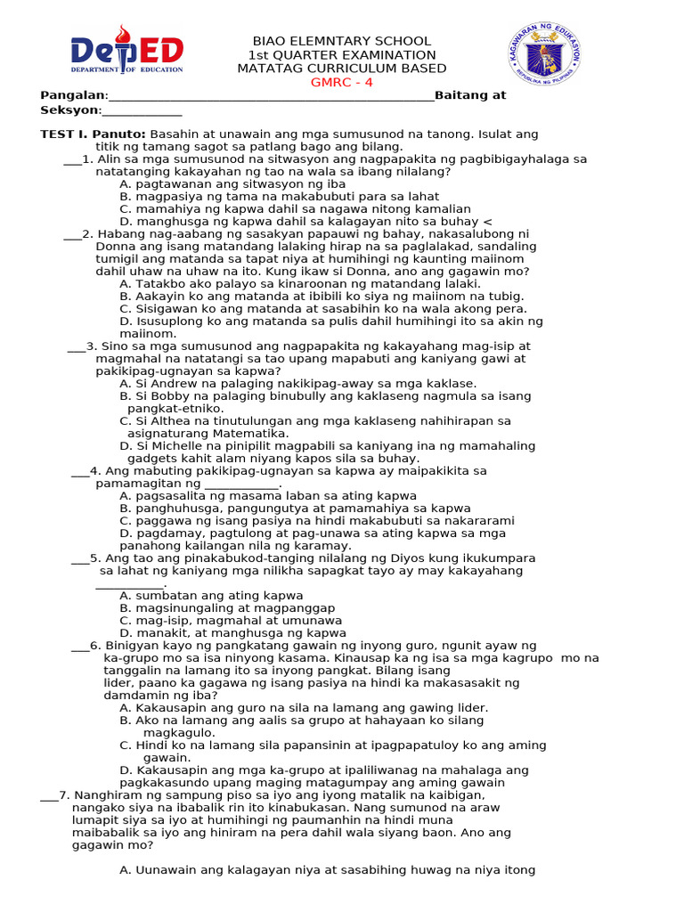 Matatag Grade 4 GMRC 1st Quarter Exam | PDF