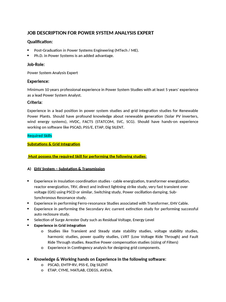 Power System Analysis Expert Job Description | PDF | Electrical ...