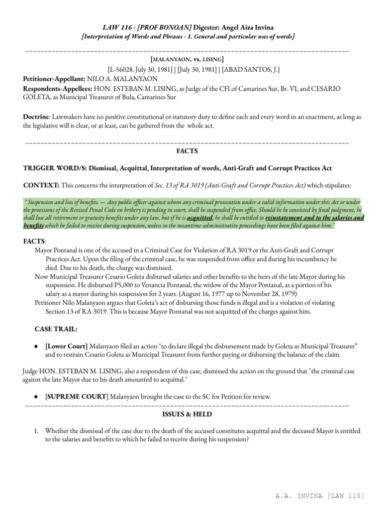 (ANGEL AIZA INVINA) Digest - Malanyaon Vs Lising | PDF | Acquittal | Reasonable Doubt