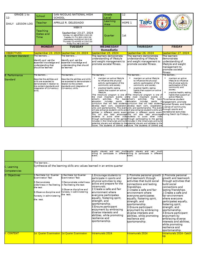 Q1-W9-CPAR-2024 | PDF | Learning | Sports
