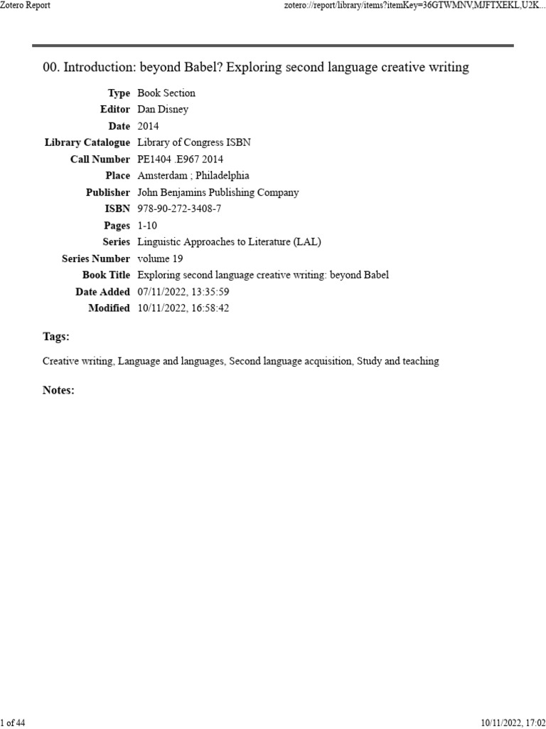 Disney, D. 2014 - Zotero Report | PDF | Second Language | Pedagogy