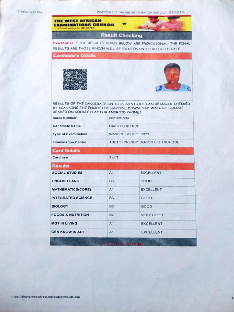 Florence's Wassce Results | PDF