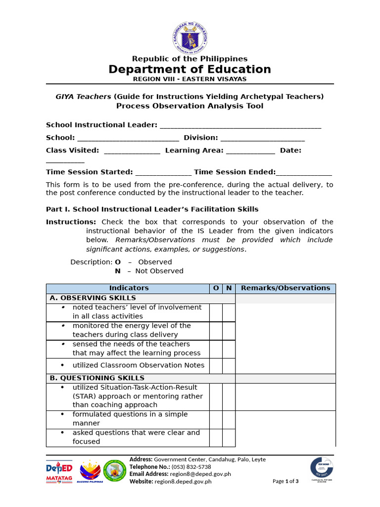 GIYA Tool for Teacher Observation | PDF | Teachers | Cognition