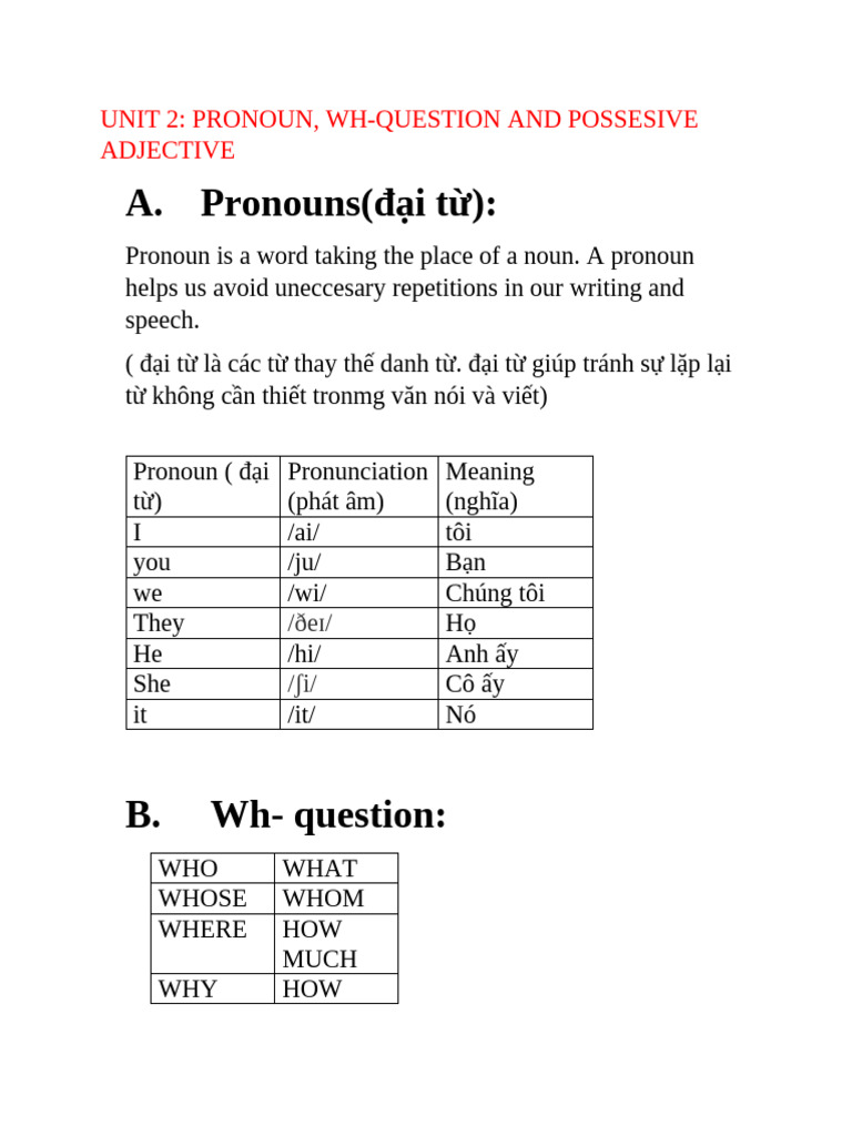 Pronoun, Wh-Question and Possesive Adjective | PDF | Adjective | Noun