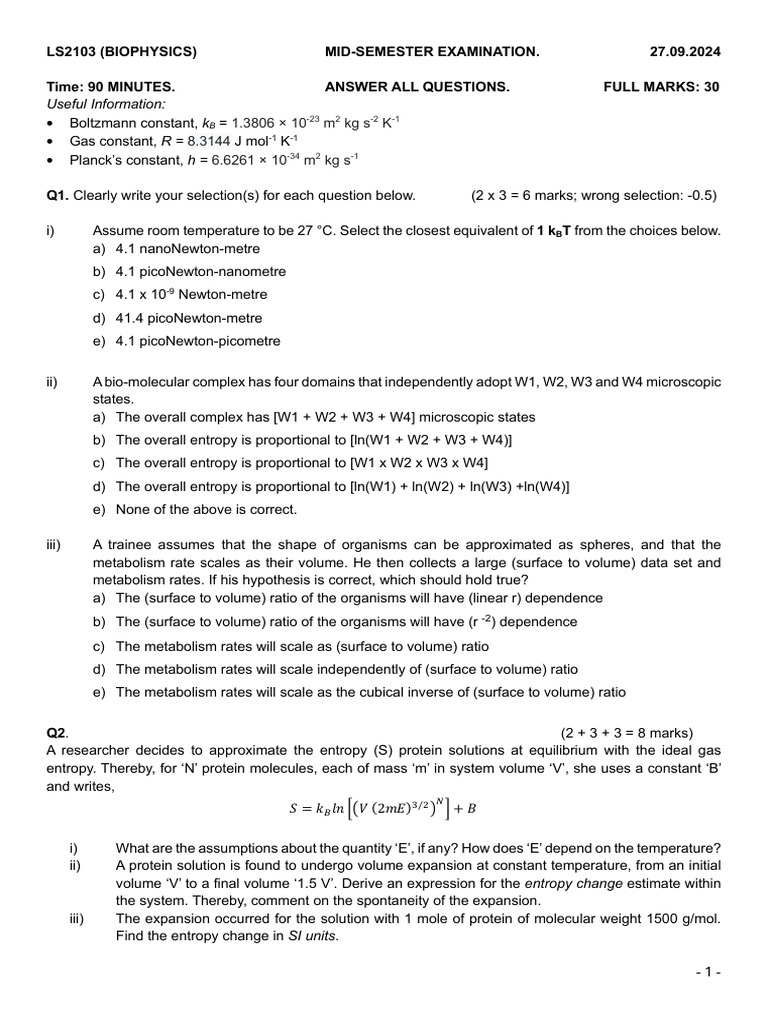 QP_MidSem_corrected | PDF | Entropy | Temperature