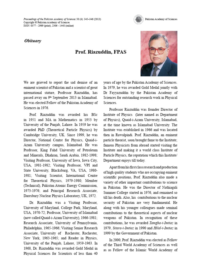 31c29982obitutary Prof. Riazuddin | PDF | Science