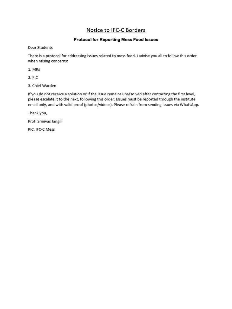 Protocol For Reporting Mess Food Issues | PDF | Science & Mathematics