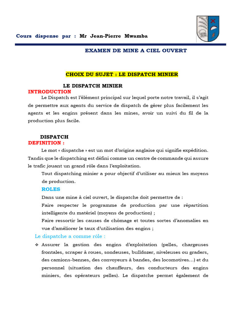 Gestion du Dispatch Minier en Exploitation | PDF | Exploitation minière
