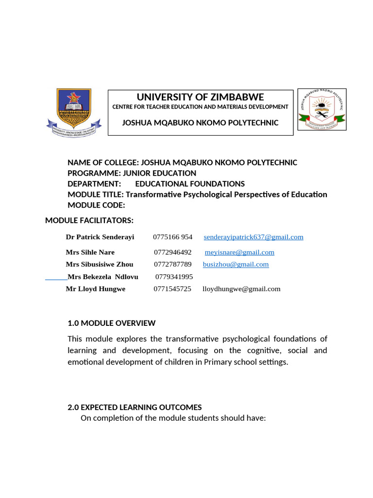 Transformative Psychological Perspectives Module Outline 030515 Pdf