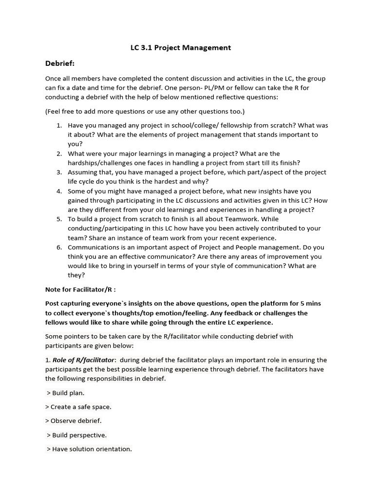Project Management Debrief Guide | PDF | Experience | Cognition